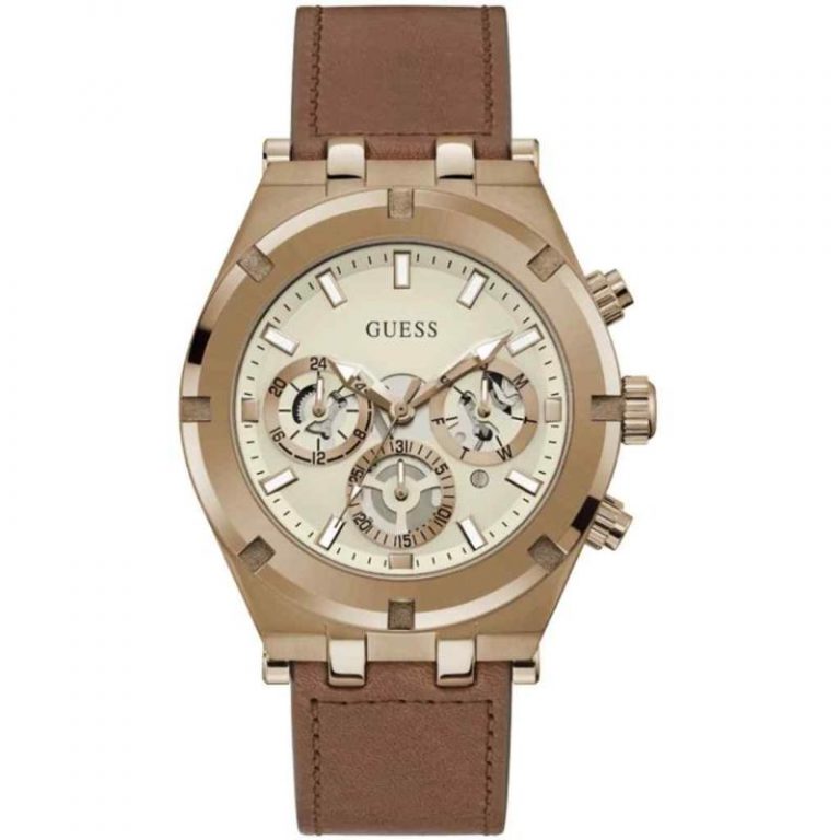 Guess Men's Watch White Dial Brown Leather Strap GW0262G3
